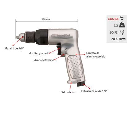 Furadeira Pneumática Reversível 3/8" 0,5 Hp Ingersoll Rand 7802RA - ANT ...